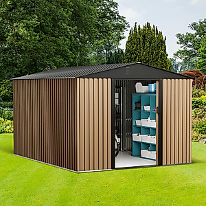 CuisinSmart Large Metal Storage Shed, 10 x 8 FT Outdoor Storage Shed, Metal Garden Tool Shed with Roof, Door & Lock, Waterproof and Anti-UV, for Patio Garden Yard, Brown
