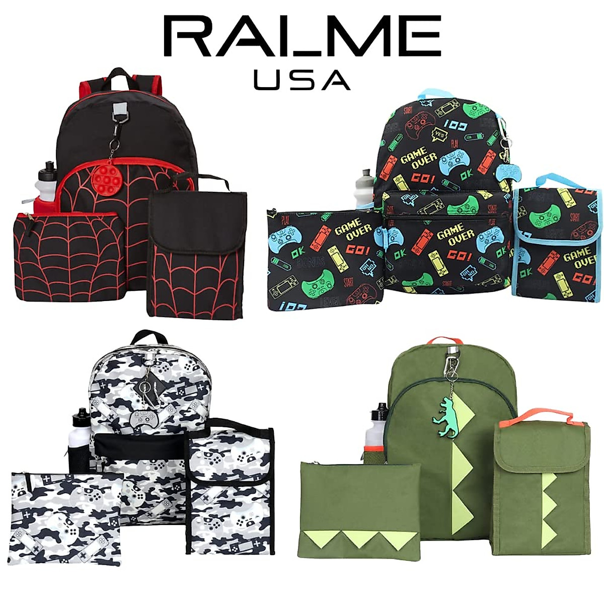 RALME Gaming Backpack Set for Kids, 16 inch, 6 Pieces - Includes Foldable Lunch Bag, Water Bottle, Key Chain, & Pencil Case