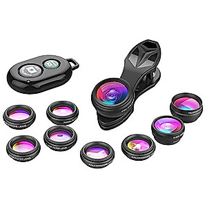 Apexel Phone Camera Lens-Macro Lens+Wide Lens+Fisheye Lens+Telephoto Lens+CPL/Flow/Radial/Star Filter+Kaleidoscope 3/6 Lens 10 in 1 Lens Kit +Remote Shutter for iPhone, Samsung,LG and Most Smartphones