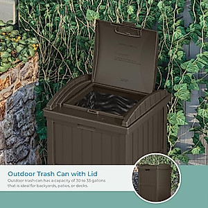 Suncast 33 Gallon Durable Plastic Hideaway Outdoor Garbage Can with Secure Lid and Wicker Design for Home Backyards, Decks, or Patios, Java Brown