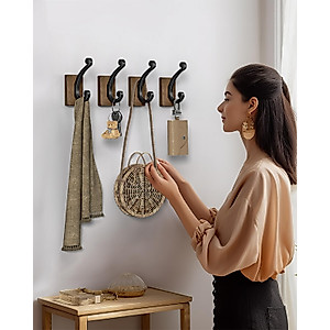 Josmimic Wall Hooks for Hanging Towel - Black Rustic Wood Coat Hook,4 Pack Hooks Wall Mounted for Towel, Coat, Cloth, Purse, Hat, Key, Decorative Bathroom Shower Kitchen