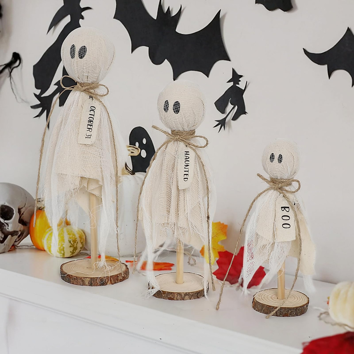 DAZONGE Halloween Decorations Indoor - Set of 3 Primitive Halloween Ghosts on Wooden Stand for Table Centerpieces, Shelves, and Mantels - Spooky Halloween Decor