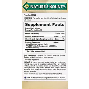 Nature's Bounty Cranberry Dietary Supplement, Supports Urinary Tract and Immune Health, Softgels, 25,200 Mg, 60 Ct