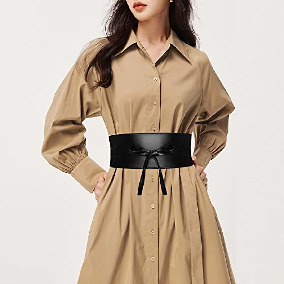 Wide Obi Belts for Women Faux Leather Black Thick Belt Lace Up Wrap Waistband L