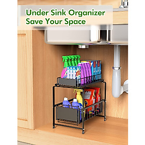 Docusvect Under Sink Organizer, 2-Tier Metal Under Cabinet Sliding Storage, Under Kitchen Sink Organizer, Under Sink Organizers and Storage with Hooks, Organizer for Bathroom Kitchen (Steel-1Pack)