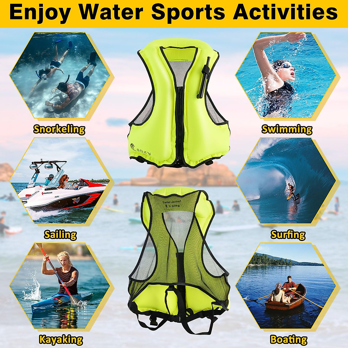 SOLY Inflatable Snorkel Jackets, Buoyancy Aid Swim Diving Jacket-Adult with Leg Straps Snorkel Vest for Swimming,Kayaking Other Low Impact Water Sports（Blue）