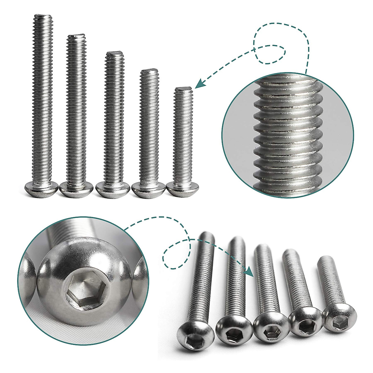 M5 x 20mm 25mm 30mm 35mm 40mm Button Head Socket Cap Screws Bolts, 304 Stainless Steel, Bright Finish, Metric Allen Hex Drive, Fully Threaded, 50PCS