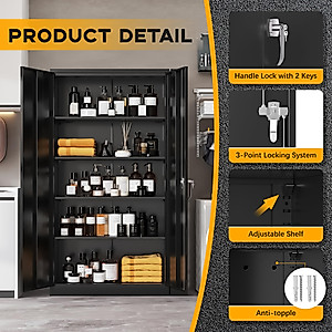 Greenvelly Metal Garage Storage Cabinet with Lock, 72" H Black Metal Cabinet with 2 Doors and 4 Adjustable Shelves for Office,Home,Garage,School(32" W x 16" D)