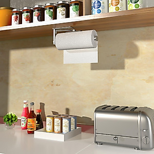 Upgraded Kitchen Paper Towel Holder - One-Hand Tear Under Cabinet Stick-on Towel Rack for Hanging Paper - First Apartment Essentials Wall Mount Self Adhesive Stainless Steel Rack Fits