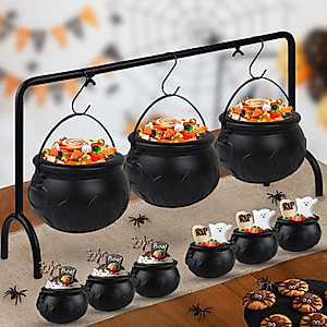 Cauldron Halloween Decor - 9 PCS Large and Mini Plastic Hanging Cauldrons Serving Set - Spooky Black Witches Cauldron Desserts Candy Serving Bowls for Table Home Indoor Hocus Pocus Party Decorations