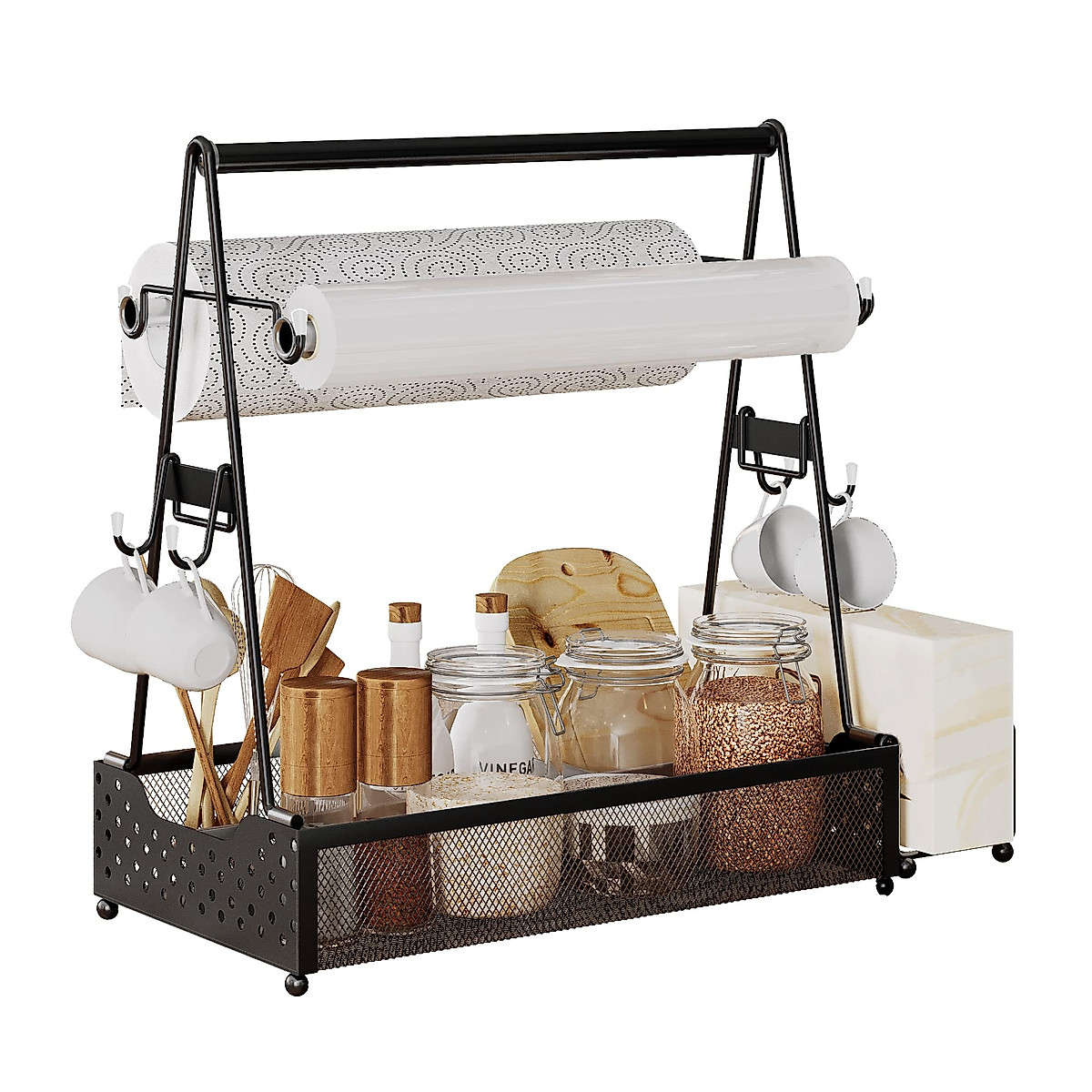 Utensil Caddy, Grill Condiment Caddy, BBQ & Picnic Caddy, Utensil Holder for Party, Picnic Flatware Caddy with Handle and Paper Towel Roll Holders, Utensil Cutlery Caddy for Camping, Kitchen