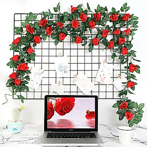 ZWYOQI 16 FT Fake Rose Vine Garland Artificial Flowers Plants Hanging Rose Ivy Home Hotel Office Wedding Party Garden Décor (Red/2PCS)