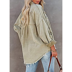 Necooer Women's Washed Denim Jacket Casual Long Boyfriend Distressed Vintage army green Jean Jacket Autumn Spring (Medium,C-ArmyGreen)