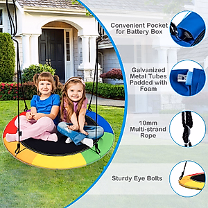 Costzon 40” Flying Saucer Tree Swing with LED Lights for Kids Adults, Indoor Outdoor Saucer Swing with Adjustable Multi-Strand Hanging Ropes, Safe Round Swing for Tree, Swing Set, Backyard (Colorful)