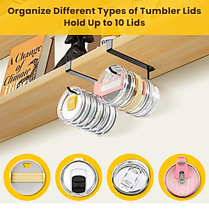 Amawarm 2 Pack Tumbler Lid Organizer, Under Cabinet Cup Lid Holder for Yeti Insulated Mug/Stanley Insulated Mug/Simple Modern Insulated Mug Lid, No Gluing, No Drilling, Up to 10 Lids (Black)