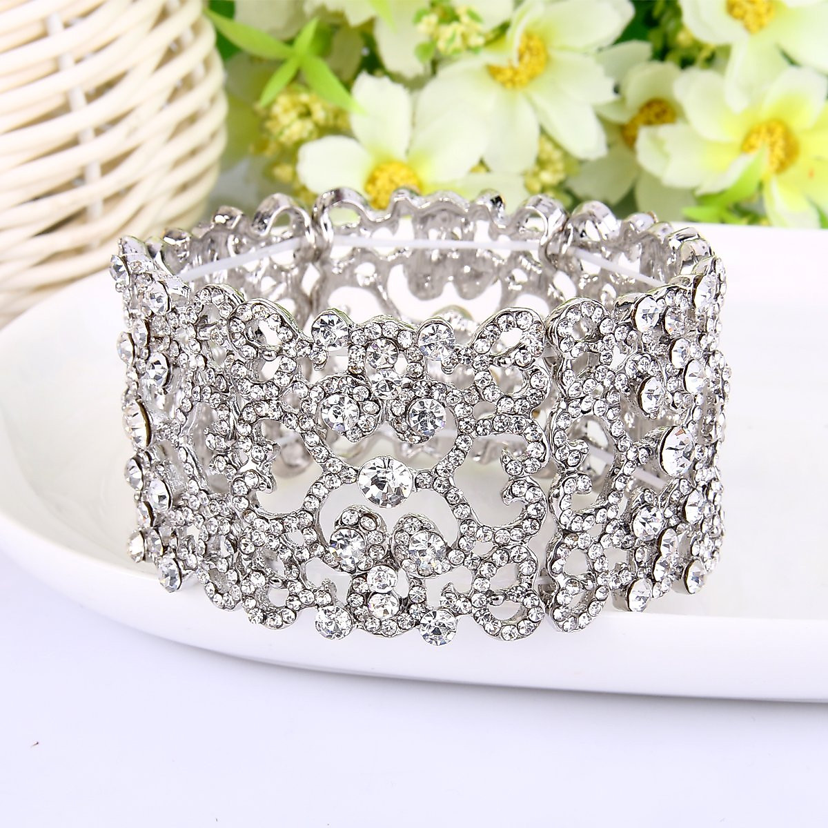 EVER FAITH Women's Austrian Crystal Bride Heart Art Deco Elastic Stretch Bracelet Clear Silver-Tone