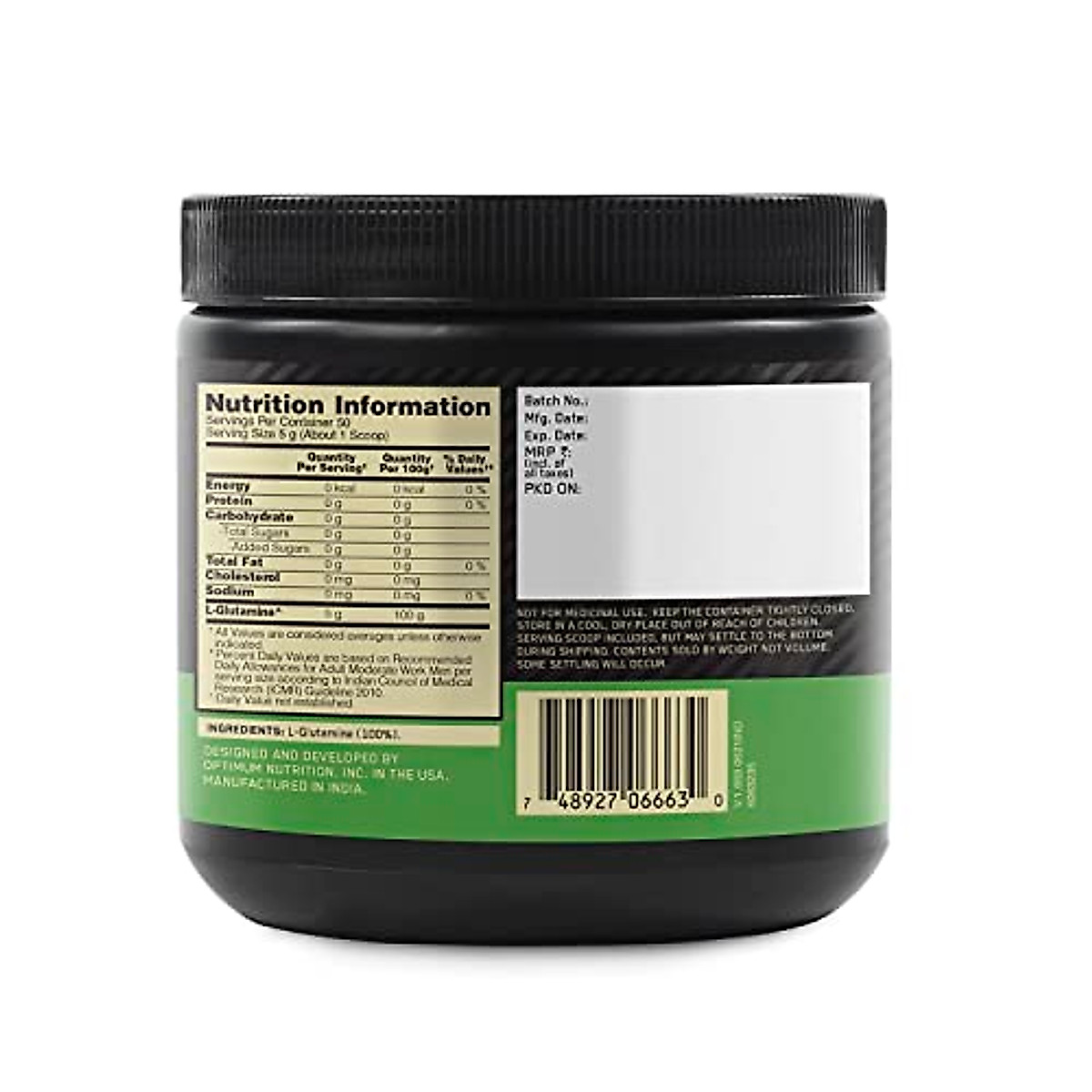 Optimum Nutrition L-Glutamine Muscle Recovery Powder, 300g, Unflavored, 58 Servings