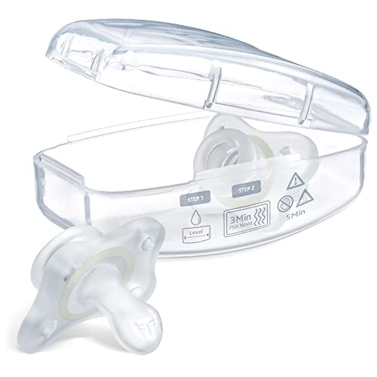 Chicco PhysioForma Silicone Mini Glow in The Dark Pacifier in Clear for Babies 2-6m, Orthodontic Nipple, BPA-Free, 2-Count in Sterilizing Case