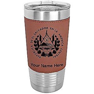 LaserGram 20oz Vacuum Insulated Tumbler Mug, Flag of El Salvador, Personalized Engraving Included (Faux Leather, Dark Brown)