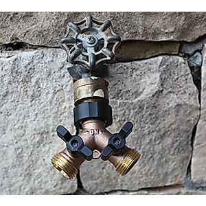 Kasian House Heavy Duty Brass Garden Hose Splitter, Y Valve, 2 Way Connector for Outdoor Faucet, Outside Water Bib Spigot Adapter, Large Comfort Grip Handles, 2 Extra Rubber Washers
