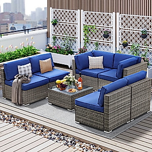 YITAHOME 7 Pieces Patio Furniture Set, Outdoor Sectional Sofa PE Rattan Wicker Conversation Set Outside Couch with Table and Cushions for Porch Lawn Garden Backyard(Gray+Blue)