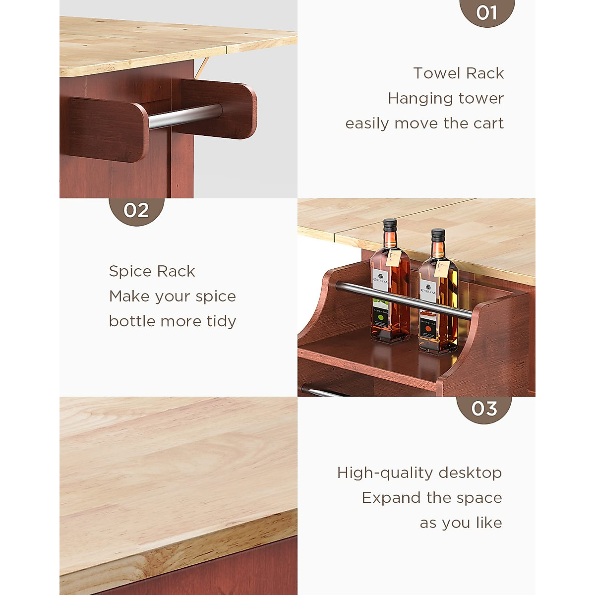 Qsun Kitchen Island with Drop Leaf Countertop, Wood Kitchen Island Cart on Lockable Wheels with Two Large Drawers and Two Large Storage Cabinet with Double Doors, Brown