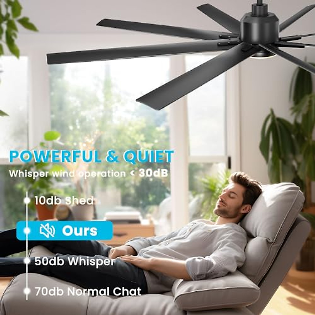 CJOY 72 inch Large Ceiling Fans with Lights and Remote, Black Modern Ceiling Fan for Patio 8 Blades, 6-Speed, Reversible DC Motor, Dimmable LED, Ceiling Fan with 12" & 24" Downrod, Indoor/Outdoor