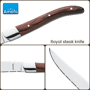 Amefa Royal Steak Knives, Set of 6, Premium Hardened Stainless Steel, Triple Rivet Pakka Wood Ergonomic Handle Design, Serrated Edge 4 Inch Blade Steak Knife, Dishwasher Safe.
