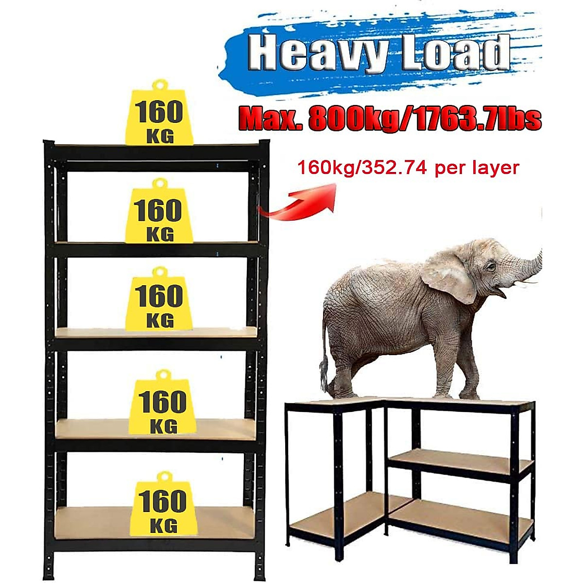5 Tiers Storage Rack Heavy Duty Shelf Steel Shelving Unit 1929lbs High Weight Capacity Adjustable Garage Shelves for Garage, Kitchen, Pantry, Laundry, Office - 29.53" W x 11.81" D x 66.93" H, Black