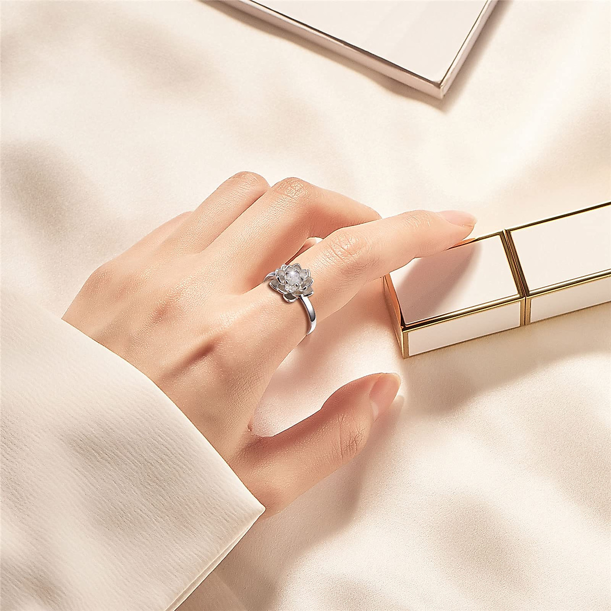 Yearace Moonstone Lotus Ring, Sterling Silver True Love Waits Engraved Lotus Flower Blossom Fidget Ring Natural Healing Buddha Spiritual Yoga Jewelry Gifts for Women-7