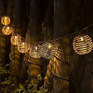ALL FORTUNE Outdoor Solar Decorative String Lights, 10 LED Warm White Patio Umbrella Lights with Brown Wire Plastic Rattan Balls, for Patio Porch Gazebo Yard Garden Backyard Decor