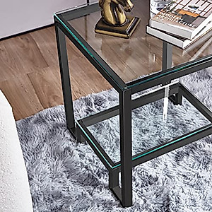 Glass End Table Square,Modern Glass Side Table with 2 Tier Shelf Coffee Table,Black Metal Frame Glass Top Table for Living Room,Balcony,Bedroom
