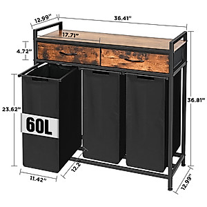 Laundry Sorter 3 Section, Laundry Hamper with Shelf and 2 Drawers, 180L Laundry Basket, laundry Organizer Cart, Pull-Out and Removable Oxford Fabric Laundry Bags,Rustic Brown and Black