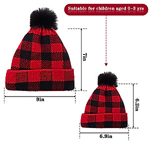 2 Pcs Parent-Child Hats with Pom Pom - Knitted Mom and Baby Matching Outfits Winter Warm Beanie Hats Soft Crochet Caps for Women Kids Christmas Red