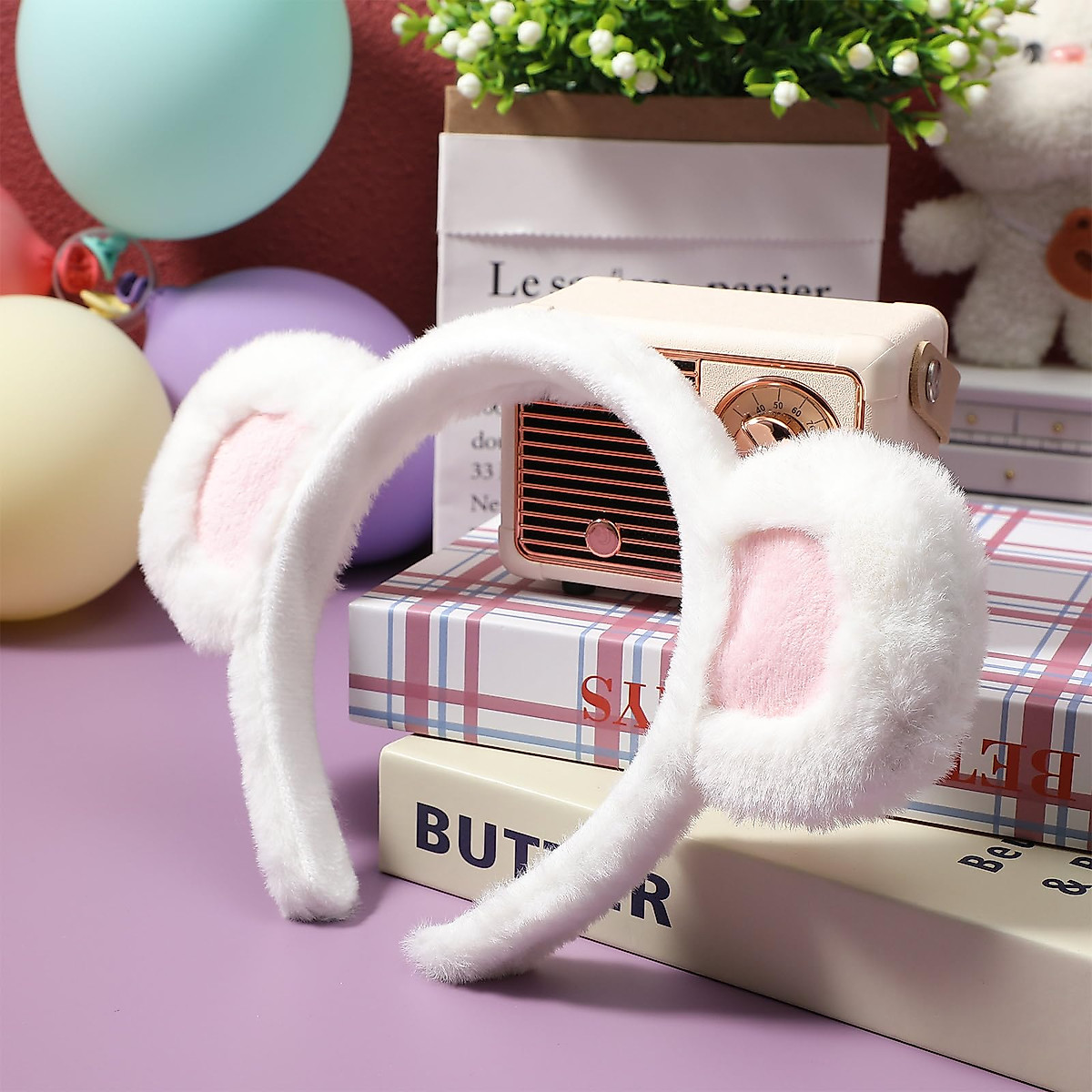 SOLUSTRE Bear Ears Headband Cloth Bear Face Wash Headband Adorable Head Wear for Women and Kids, White