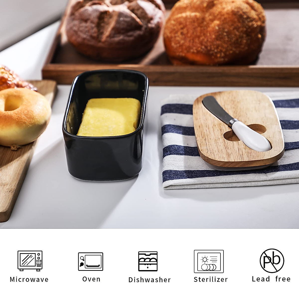 Large Ceramic Butter Dish for Countertop - Butter Keeper with High-Quality Silicone Sealing, Natural Wooden Lid and Stainless Steel Knife, Kitchen Decor and Accessories for Kitchen Gifts (Black)