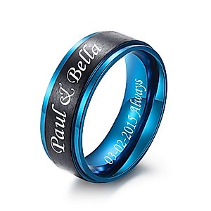 MZZJ Personalized Inside Her Weirdo & His Crazy Couple Ring Set 8MM Brushed Two-tone Black Blue Stainless Steel Step Edges Engagement Ring Wedding Band for Him Her,Anniversary Gift for Husband Wife