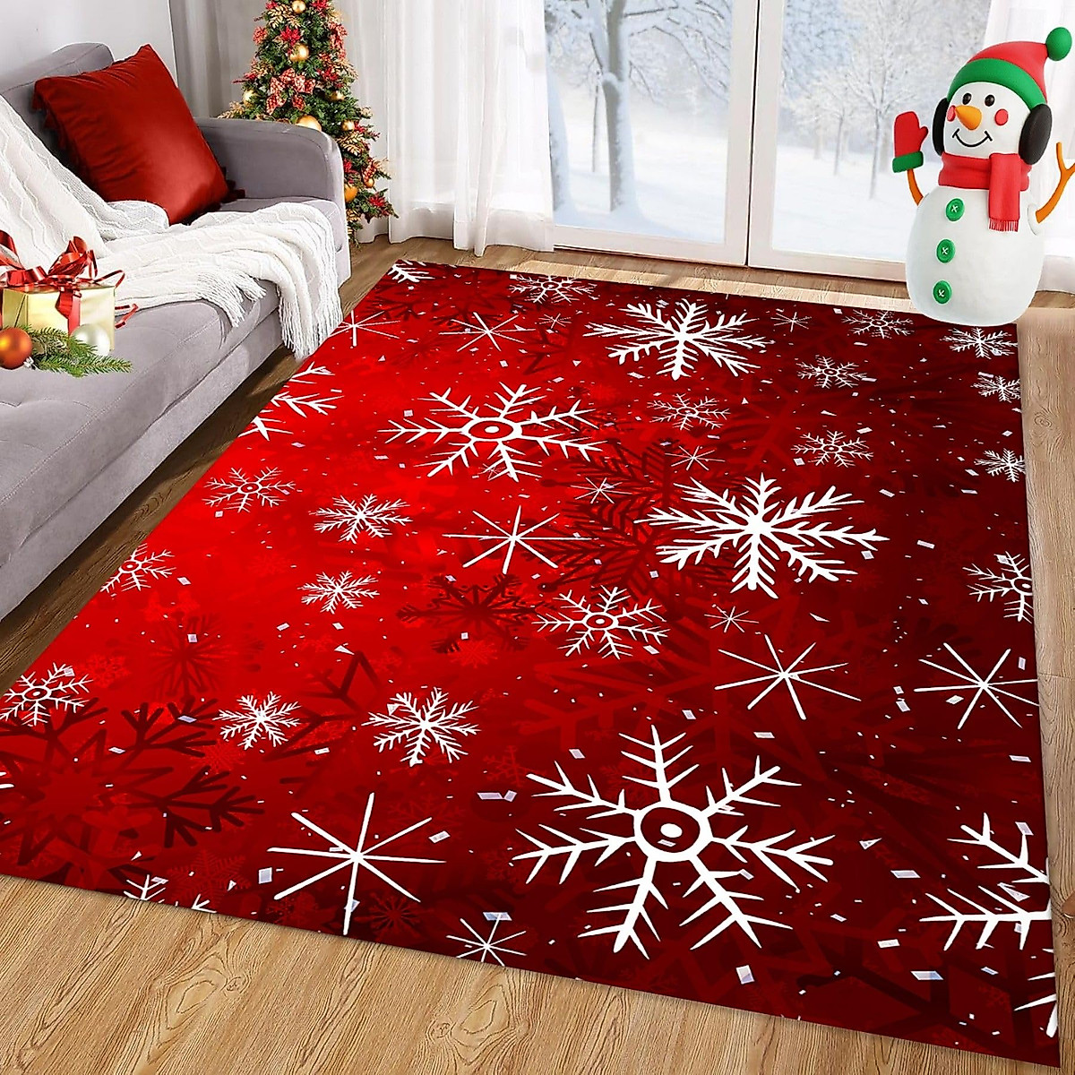 ZLXMN Red Christmas Area Rug,5x6ft,Christmas Room Decor Red with White Snowflakes Rug, Xmas Winter Home Decor Rubber Backed Rugs for Entryway Indoor Living Room Bedroom Easy Clean Carpet