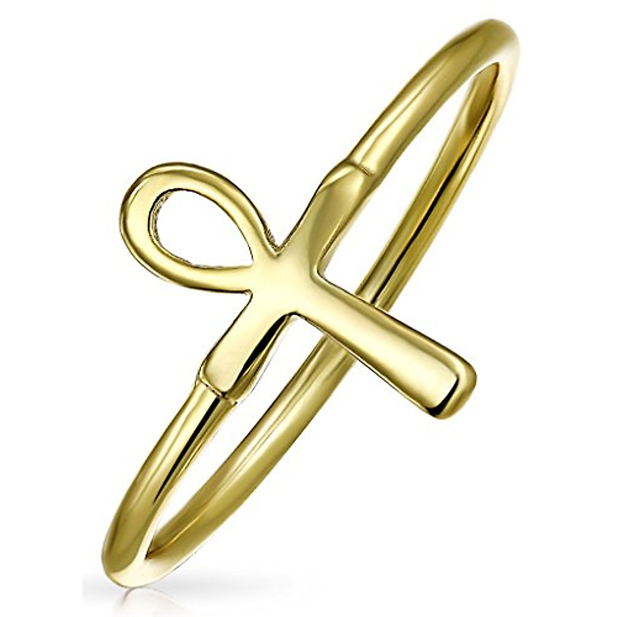 Minimalist 14K Gold Plated .925 Sterling Silver Midi Knuckle 1MM Band Stackable Ankh Cross Egyptian Symbol Of Life Ring