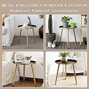 AOJEZOR Round End/Side Tables for Living Room, Bedrooms Narrow Night Stands Cute Pedestal Plant Stand for Balcony, Black Tray with 3 Legged Gold Coffee/ Accent Table