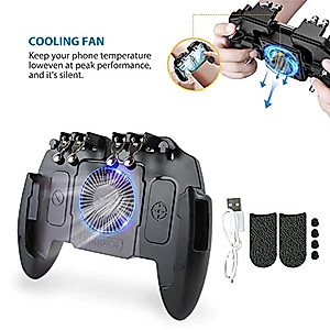 Mobile Game Controller with Cooling Fan/Phone Holder/Finger Sleeves for PUBG/Fortnite/Call of Duty, L1R1 Mobile Triggers for 4.7”-6.5” iOS/Android Phones, Outstanding Compatibility