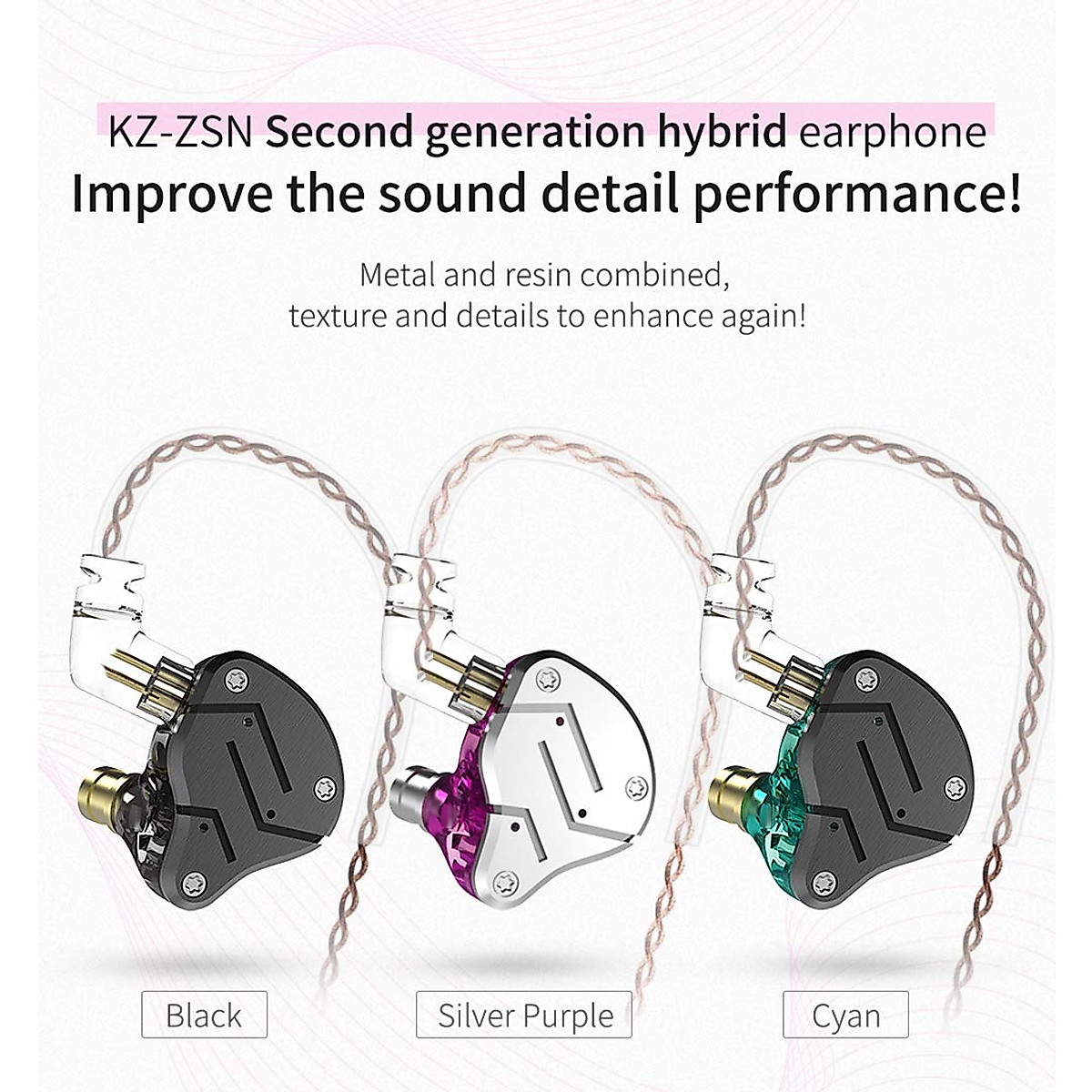 KZ ZSN Hybrid Driver IEM Detachable Tangle-Free Cable Musicians (Black Cyan)
