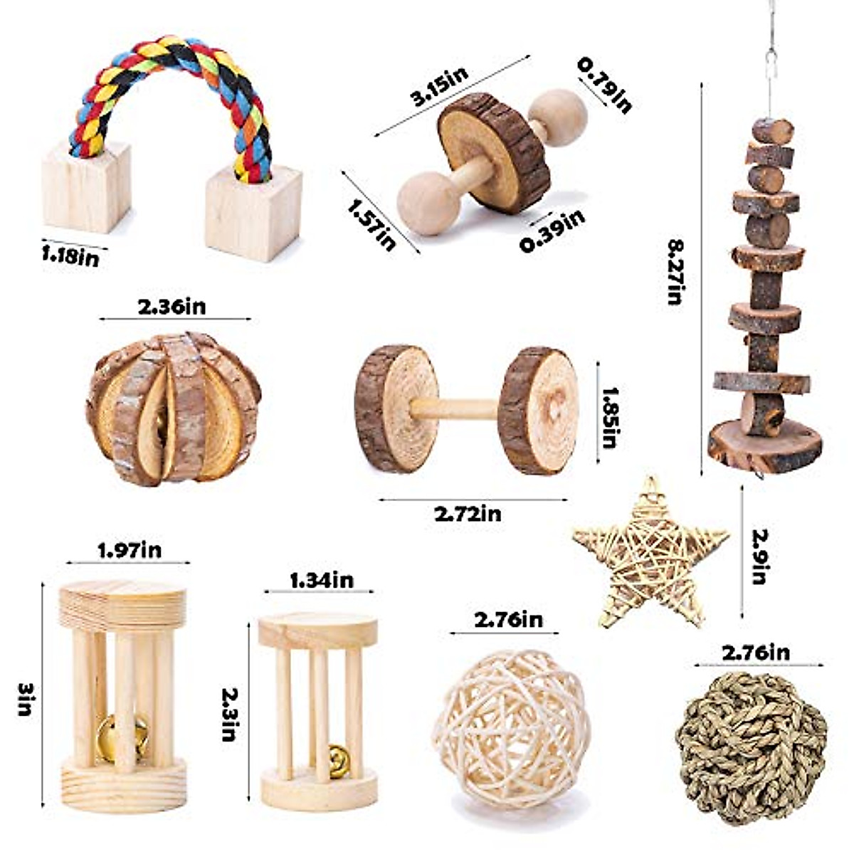 VCZONE 15Pcs Guinea Pig Toys Chinchilla Hamster Toys, Bunny Chew Toys Rat Gerbil Molar Wooden Pine Dumbells Exercise Bell Roller Fun Pet Balls Small Pets Play Toy (15 Pack)
