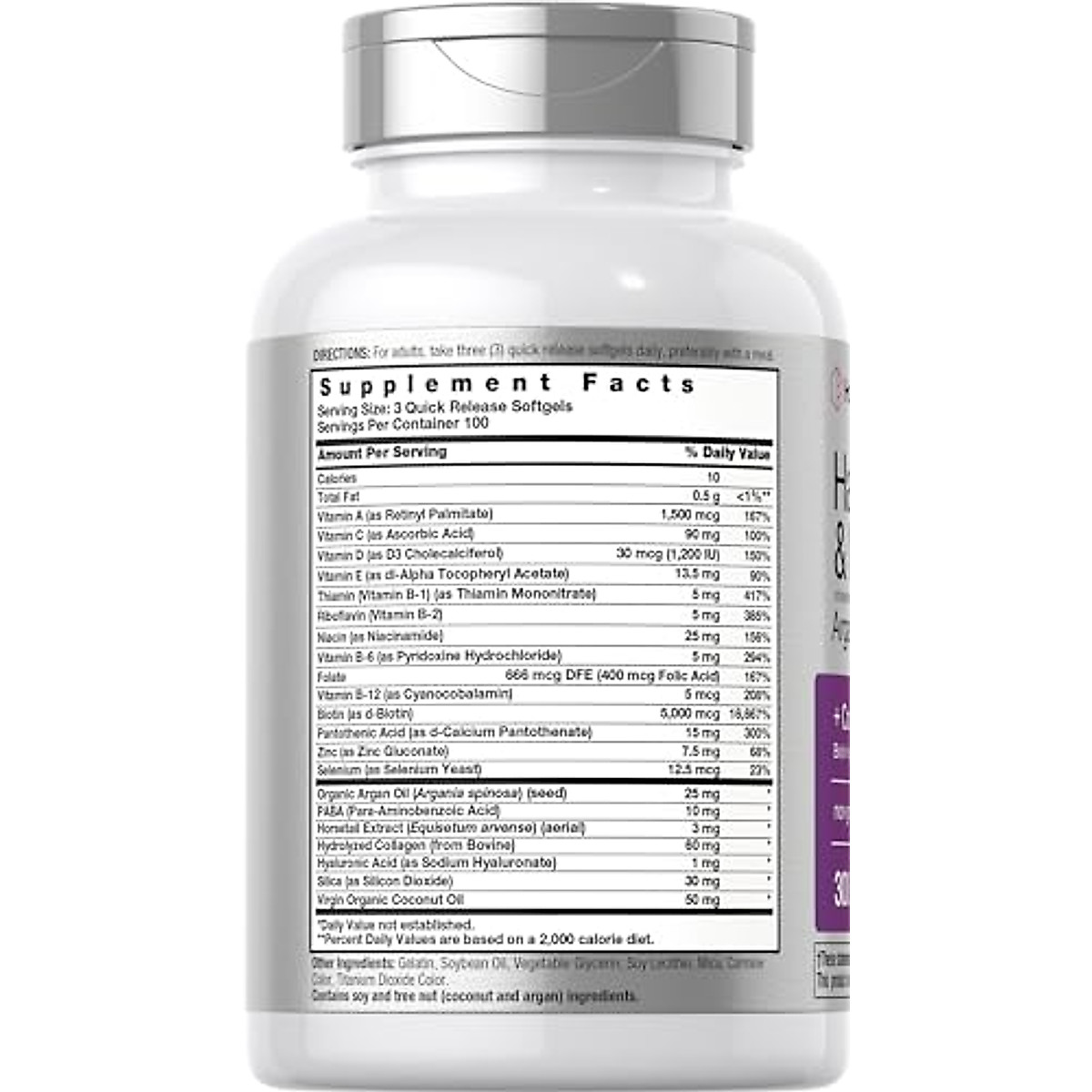 Horbäach Hair Skin and Nails Vitamins | 300 Softgels | with Biotin and Collagen | Infused with Argan Oil and Coconut Oil | Non-GMO, Gluten Free Supplement