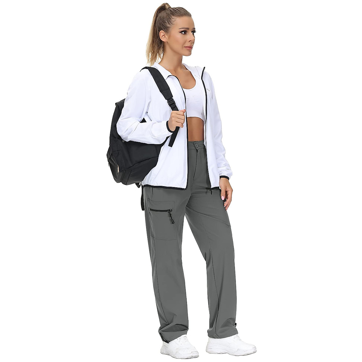 VVK Women's Cargo Hiking Pants Elastic Waist Quick Dry Lightweight Outdoor Water Resistant UPF 50+ Long Pants Zipper Grey Large