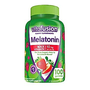 Vitafusion Max Strength Melatonin Gummy Supplements, Strawberry Flavored, 10 mg Melatonin Sleep Supplements, America’s Number 1 Gummy Vitamin Brand, 50 Day Supply, 100 Count