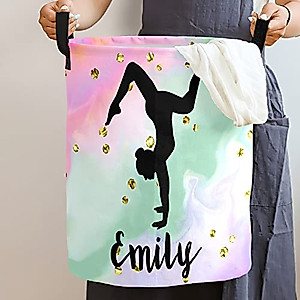 Grandkli Gold Dots Gymnast Personalized Freestanding Laundry Hamper, Custom Waterproof Collapsible Drawstring Basket Storage Bins with Handle for Clothes, Toy, 50cm x 36cm