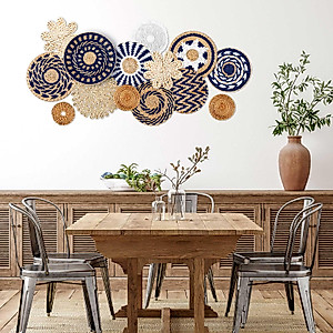 Xuhal 15 Pcs Boho Wall Basket Decor Hanging Woven Wall Basket Decorative Rustic Handcrafted Seagrass Baskets Round Woven Hanging Art for Home Farmhouse Kitchen Table Living Room (Blue Classic Style)