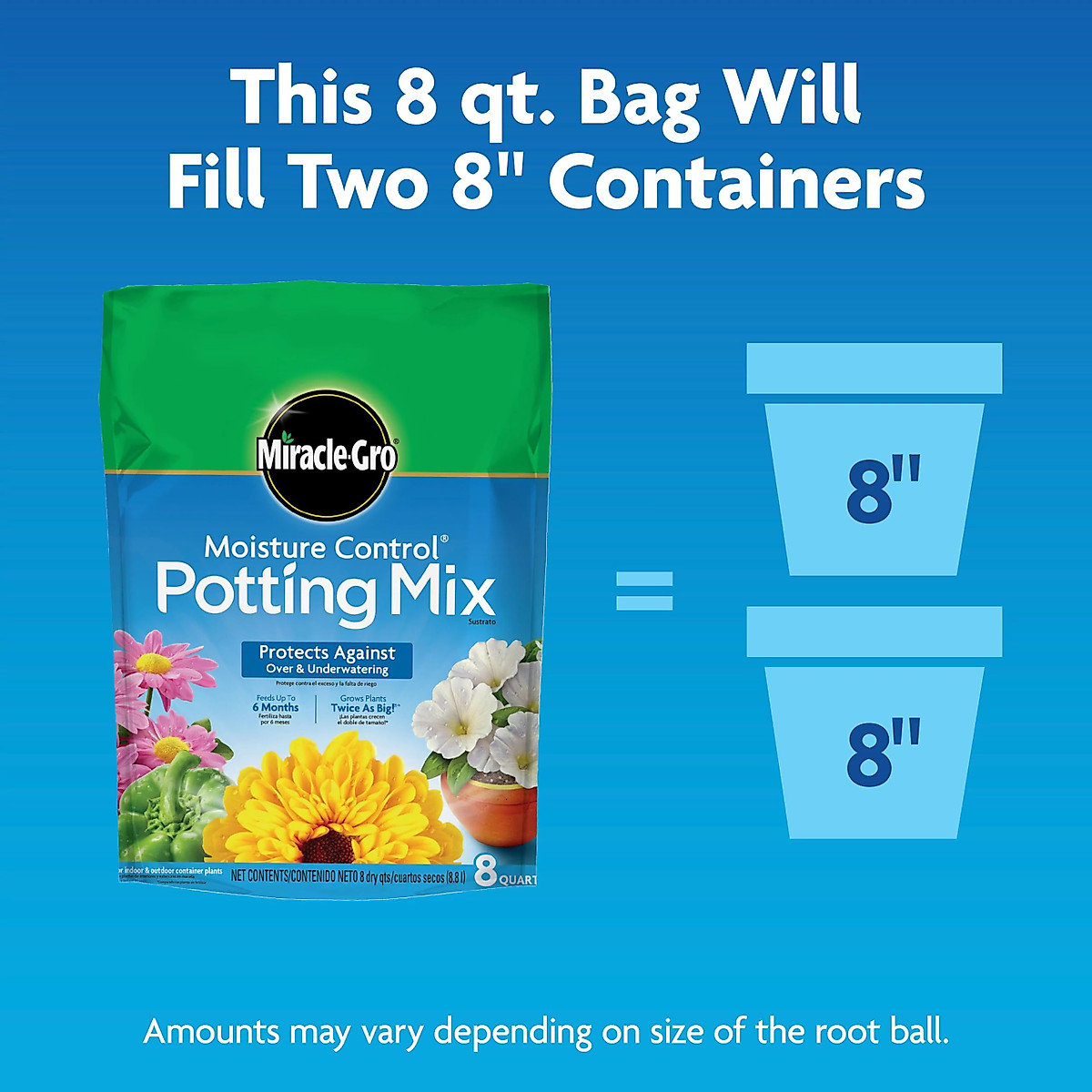 Miracle-Gro Moisture Control Potting Mix - Soil for Indoor & Outdoor Containers, Added Fertilizer Feeds Up to 6 Months, 8 qt.