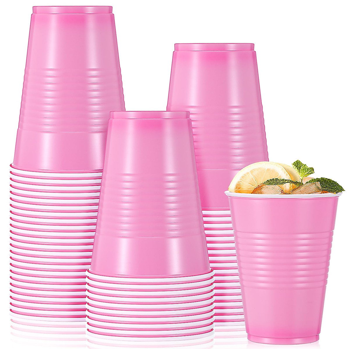 Mifoci 50 Pcs 16 oz Plastic Drinking Cups Plastic Disposable Cups for Wedding graduation Birthday Party Valentine Christmas Picnics Barbecues Supplies(Pink)